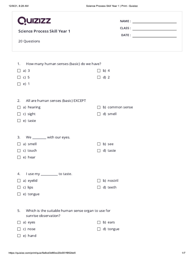 Y1 - (Y1) Science Process Skills | PDF | Senses | Taste