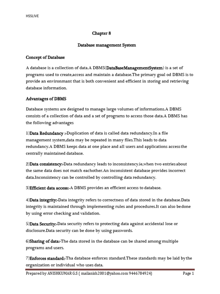 XII-CS-CA-chapter8-DatabaseManagementSystem-hsslive-Anish | PDF | Databases | Relational Database