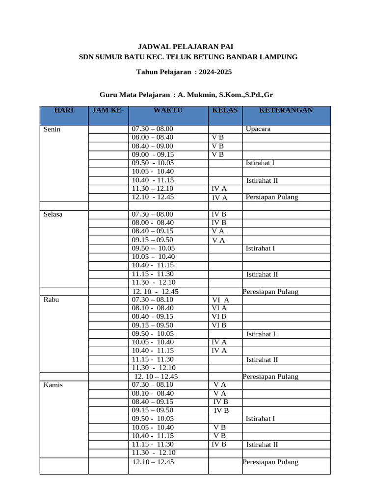 JADWAL-PELAJARAN-PAI-2024-2025-SP | PDF