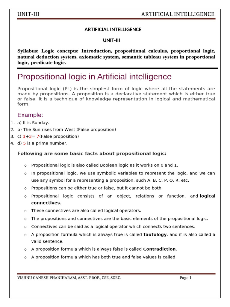 Ai Notes Jntuk R20 Unit 3 | PDF | Logic | First Order Logic