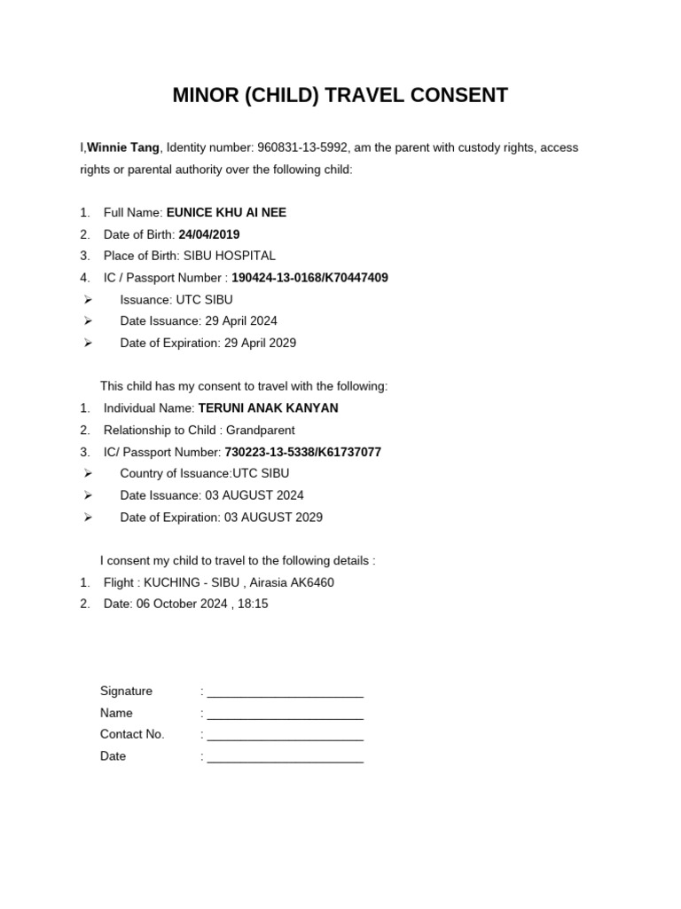 Minor Child Travel Consent Form | PDF