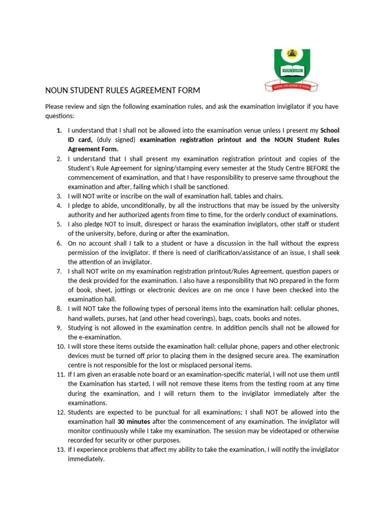 Noun Student Rules Agreement Form | PDF