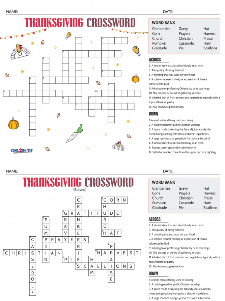 Thanksgiving Crossword Puzzle Answer Key | PDF