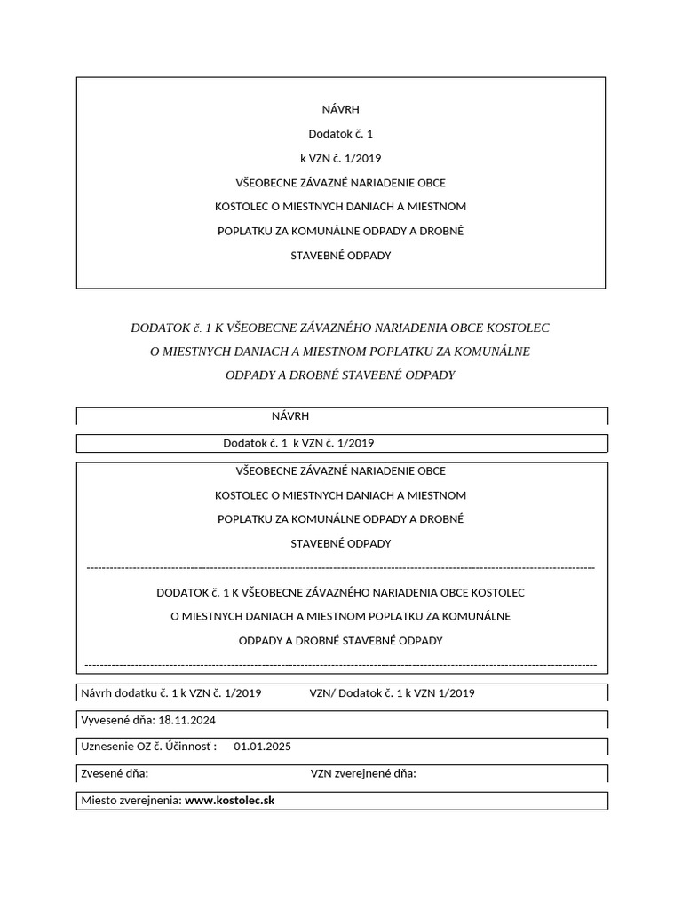 DODATOK K VZN OBCE KOSTOLEC NA ROK 2025 | PDF