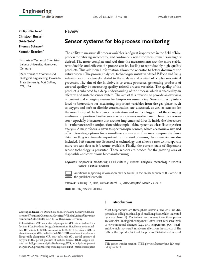 Engineering in Life Sciences - 2015 - Biechele - Sensor systems for bioprocess monitoring | PDF ...