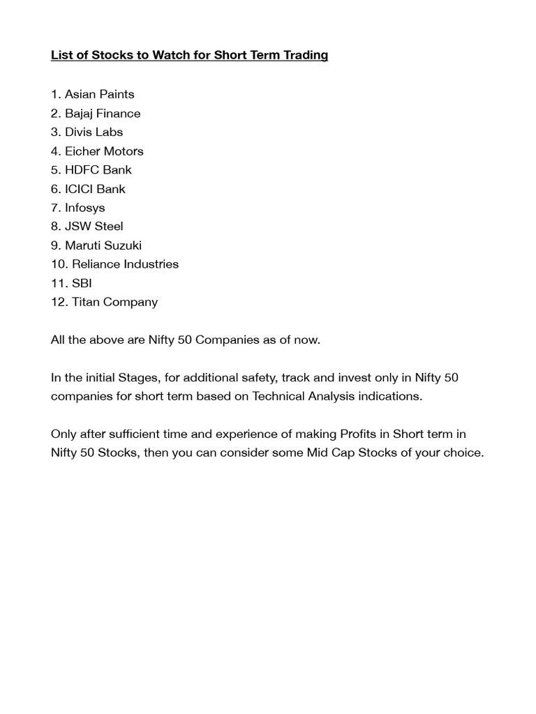 List of Stocks To Watch For Short Term Trading | PDF