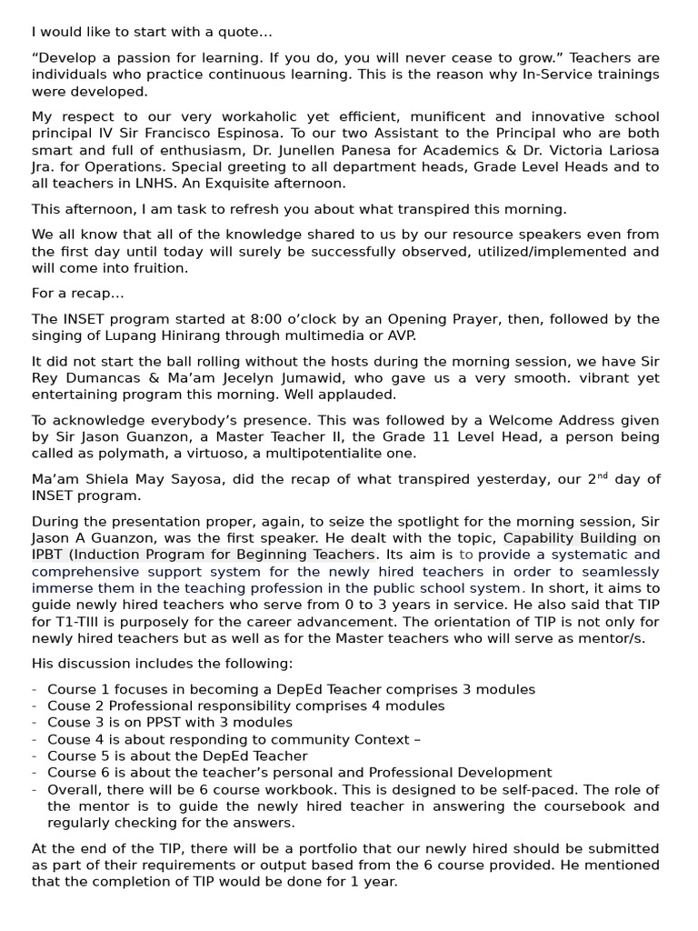 Recap of INSET Training for Teachers | PDF | Teachers