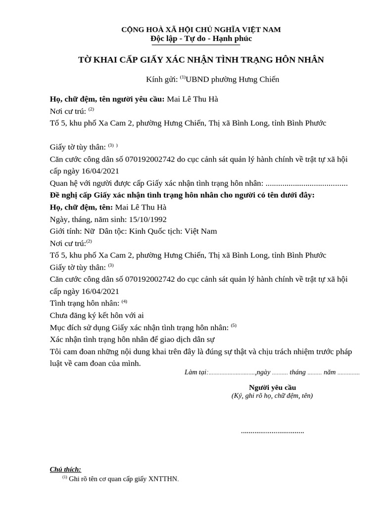 To Khai Cap Giay Xac Nhan Tinh Trang Hon Nhan | PDF
