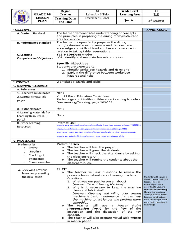 Lesson Plan Workplace Hazards and Risks | PDF