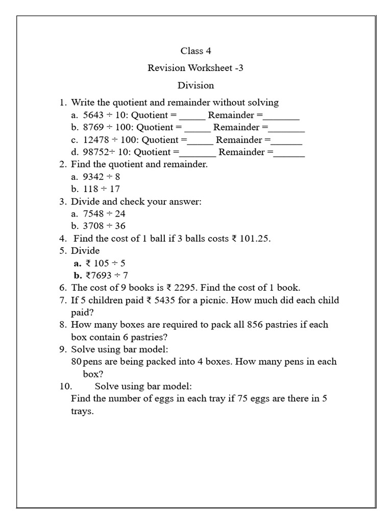Class 4 Revision Worksheet 3 | PDF