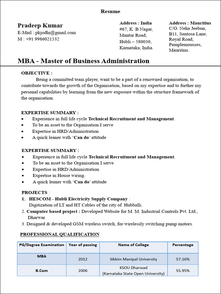 Pradeep Kumar - MBA Resume & Expertise | PDF | Computing