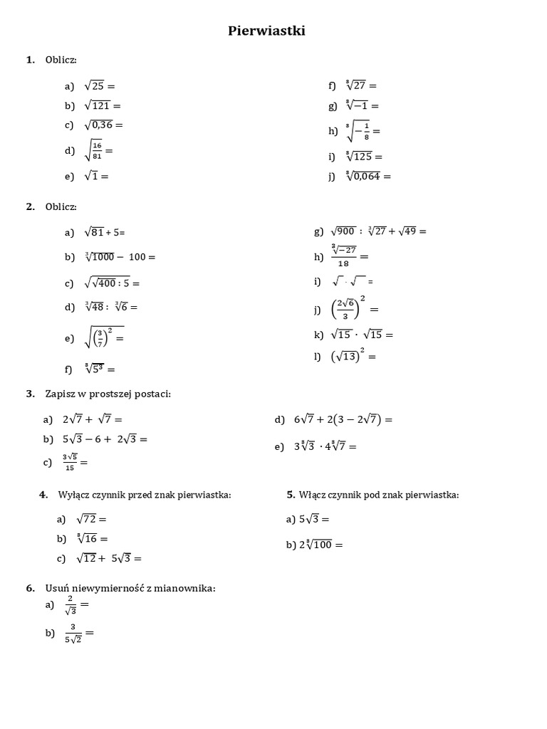 Pierwiastki - Karta Pracy | PDF
