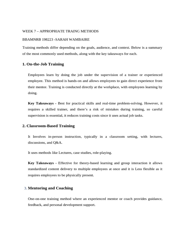 Appropriate Training Methods Week 7 | PDF | Mentorship | Organizational ...