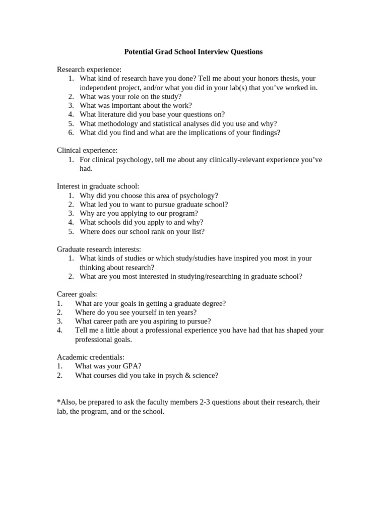 Potential Grad School Interview Questions | PDF