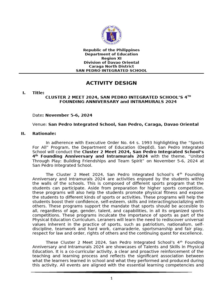 Activity Design For CLUSTER MEET INTRAMURALS 2024 AND 4TH FOUUNDING ...