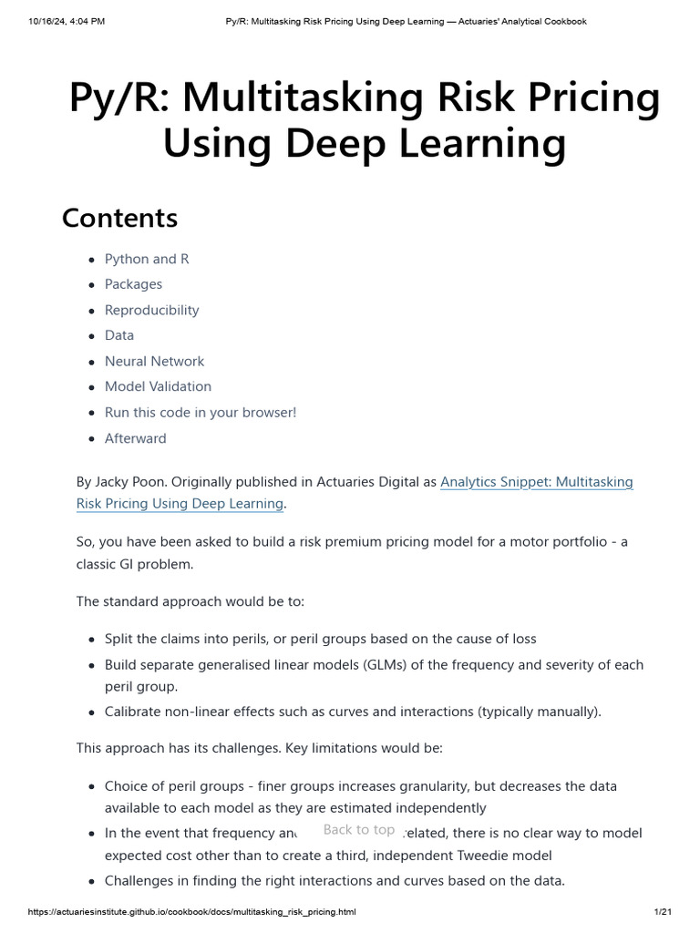Py - R - Multitasking Risk Pricing Using Deep Learning - Actuaries' Analytical Cookbook | PDF ...