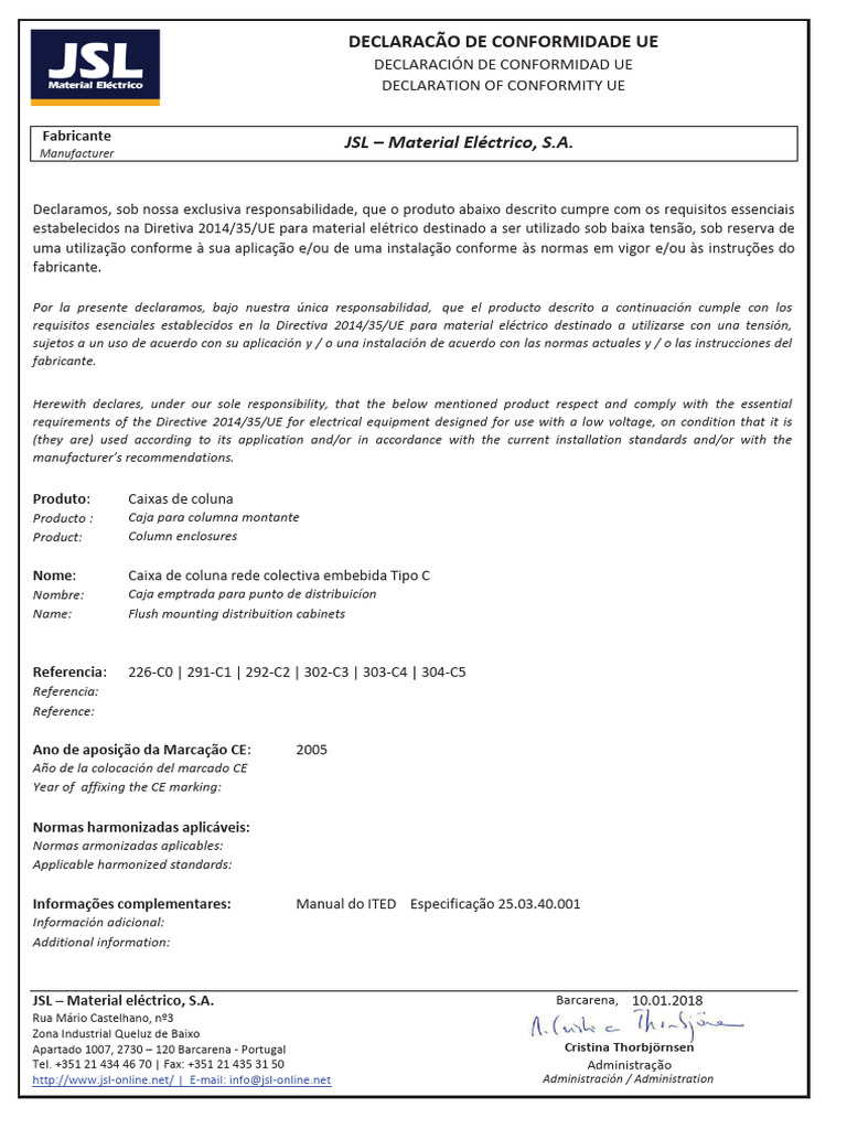 Declaração Conformidade - 226-C0 - 291-C1 - 292-C2 - 302-C3 - 303-C4 ...