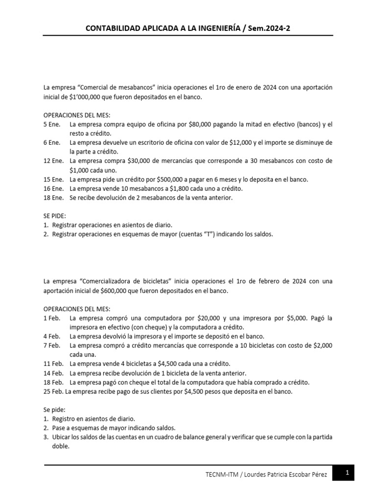 2024-2 CONT APLIC ING Compendio de Ejercicios | PDF | Bancos | Contabilidad