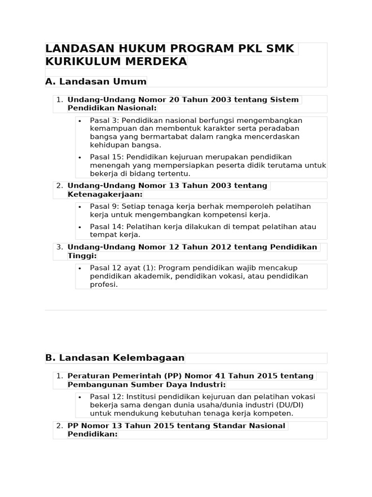 Landasan Hukum Program PKL SMK Kurikulum Merdeka | PDF