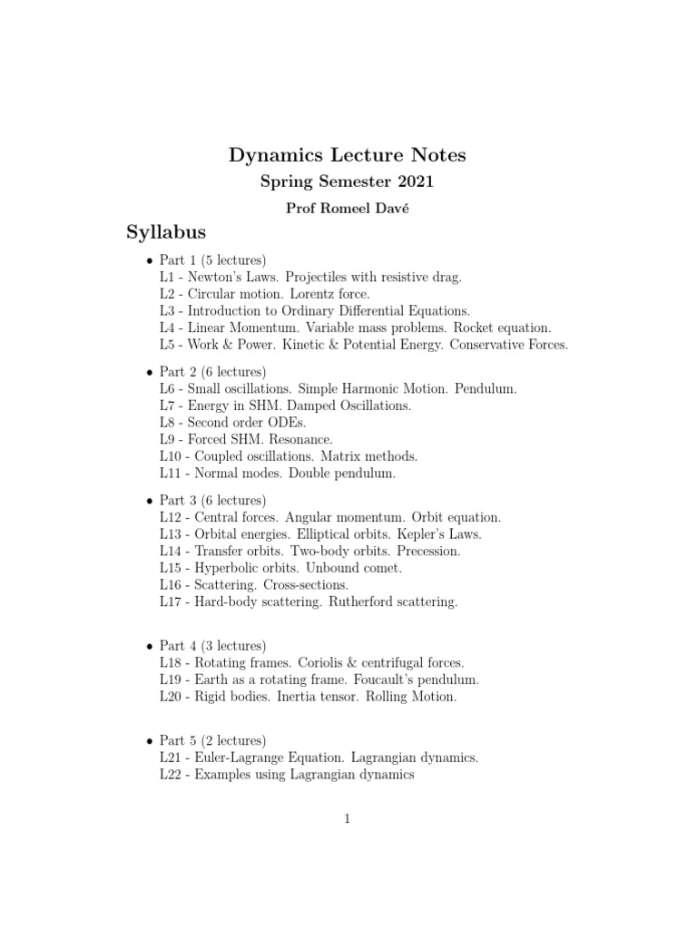 Dynamics Notes | PDF | Force | Ordinary Differential Equation