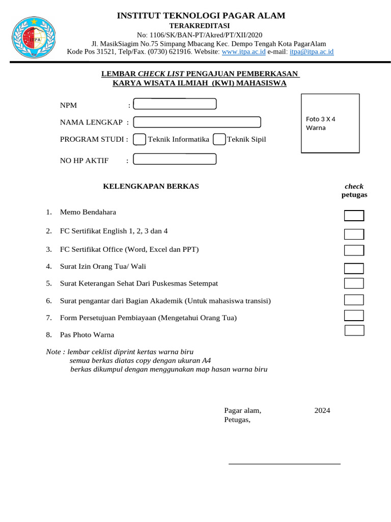 Lembar Check List Pengajuan Pemberkasan KKP | PDF
