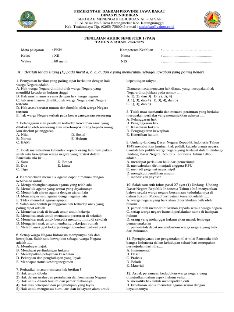 SOAL PAS PKN XII SEMUA KOMP.KEAHLIAN | PDF