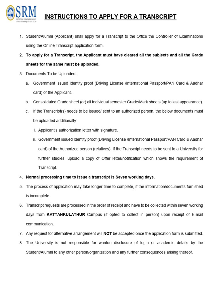 Instructions To Apply For Transcript | PDF