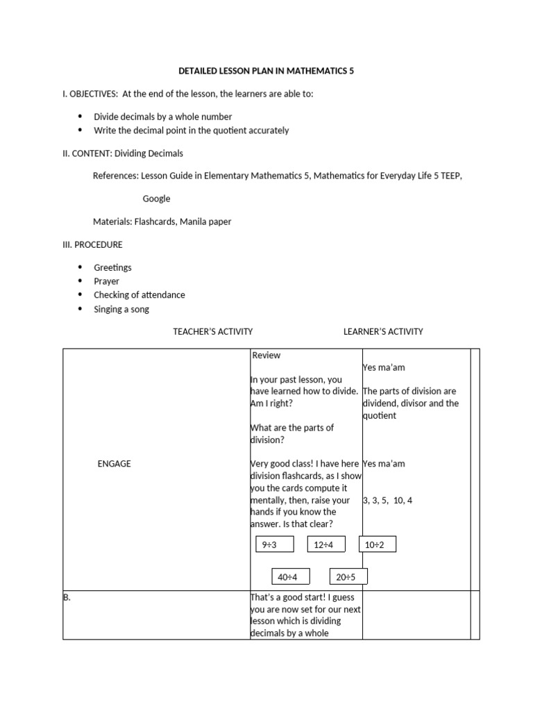 Detailed Lesson Plan in Mathetics 5 | PDF | Division (Mathematics ...