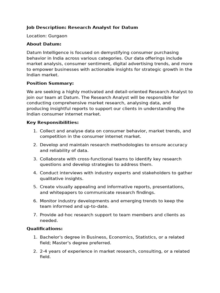 Job Description - Research Analyst | PDF | Data | Marketing Research