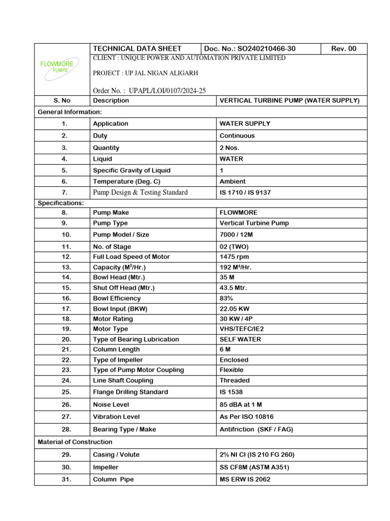 Vertical Turbine Pump Specs Sheet | PDF