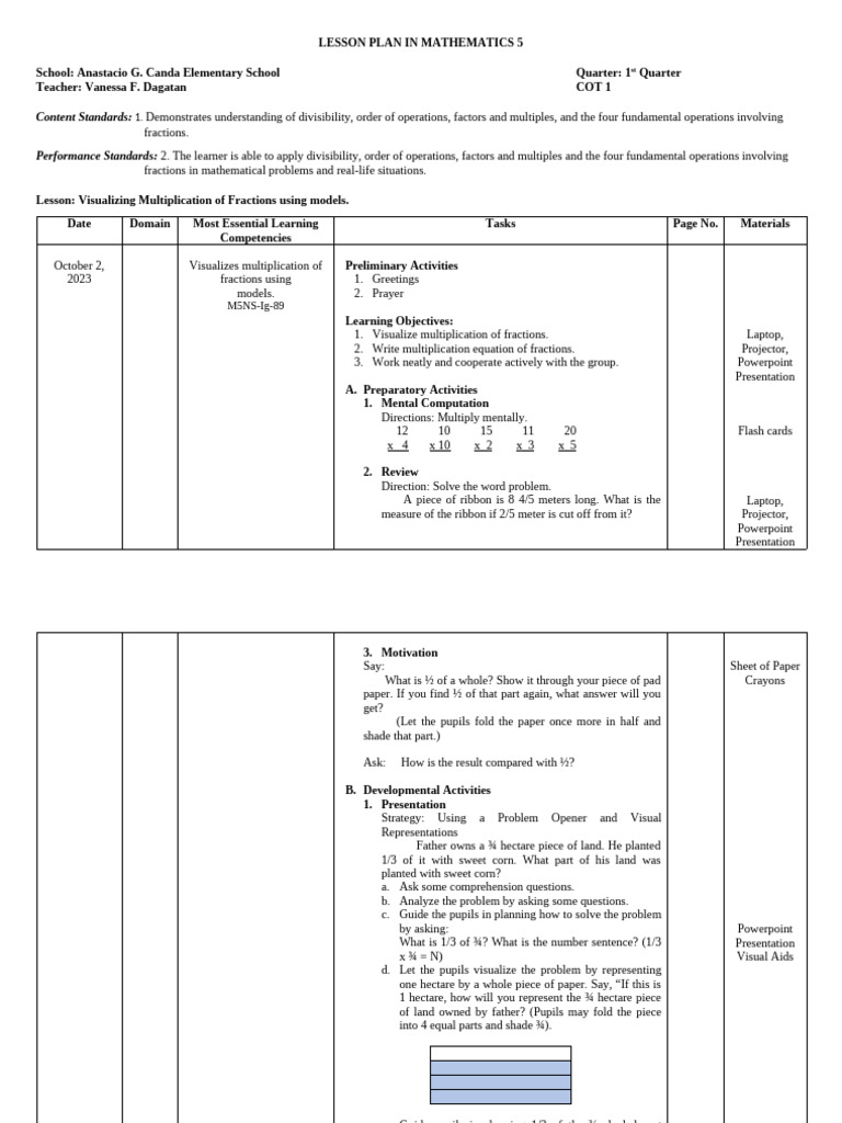 Mathematics 5 Observation Cot 2 2023 | PDF | Multiplication | Learning