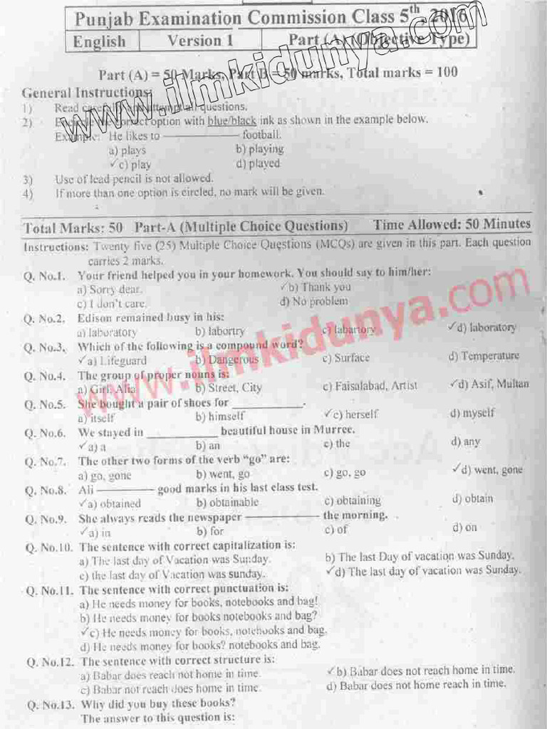 Punjab Examination Commission 5th Class Past Paper English 2016 ...