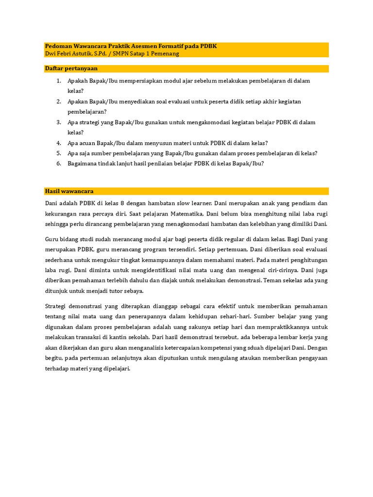 Pedoman Wawancara Praktik Asesmen Formatif Pada PDBK | PDF