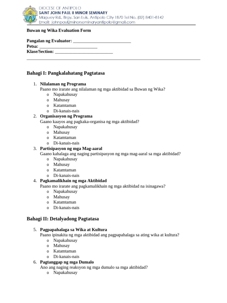 Buwan NG Wika Evaluation Form | PDF