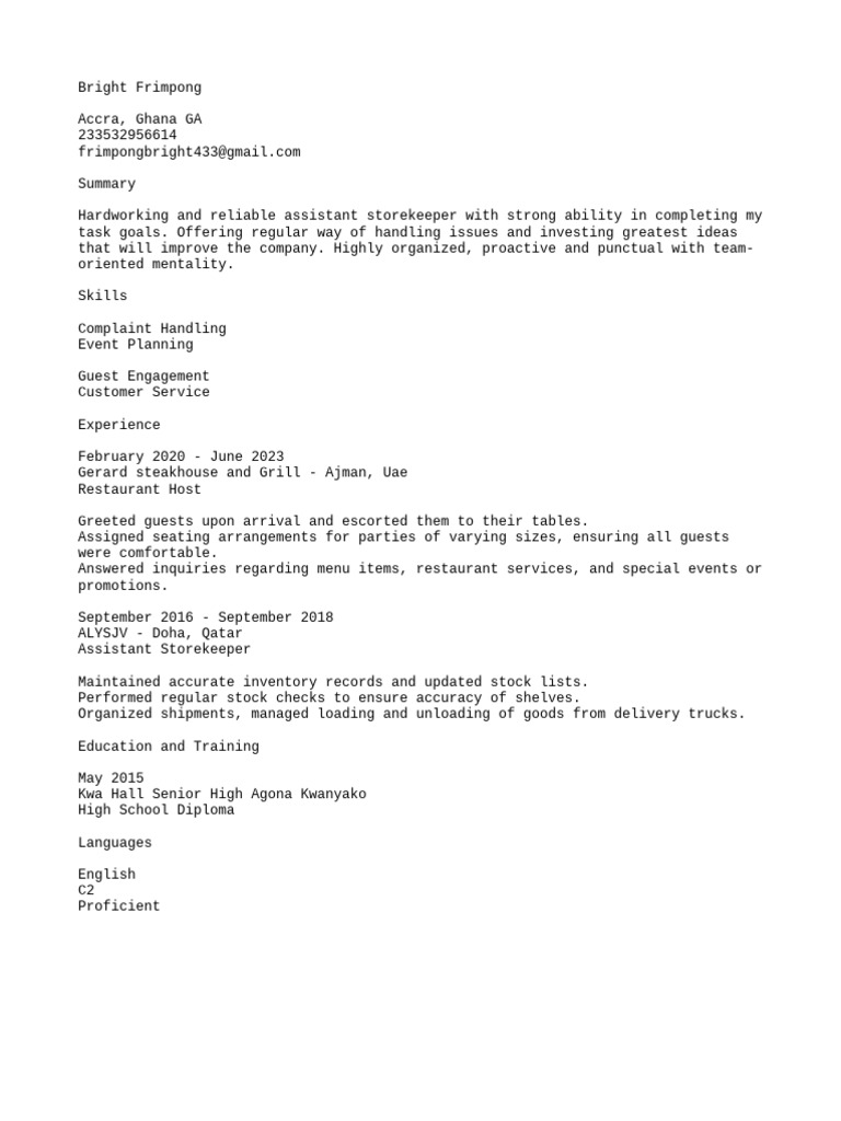 Reliable Assistant Storekeeper Resume | PDF