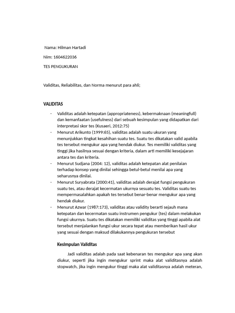 Tes Pengukuran Tugas Validitas, Reliabilitas, Norma | PDF