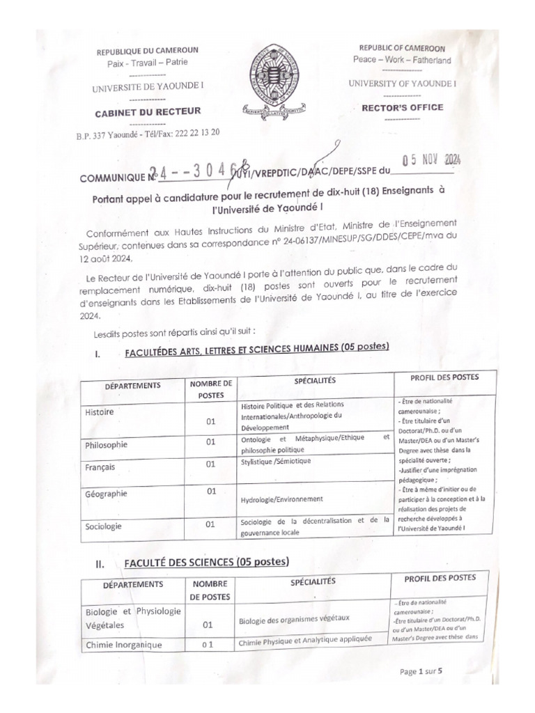 Recrutement Enseignants UY1 Nov 2024 - 241201 - 153456 | PDF