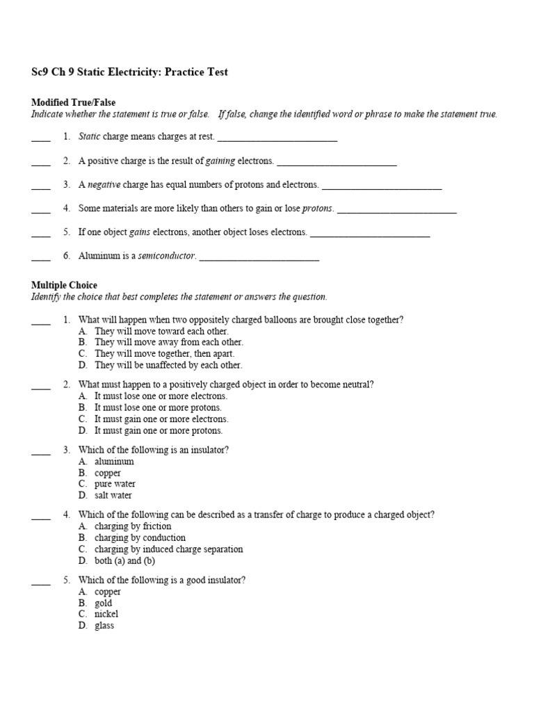 Static Electricity Practice Test | PDF | Electric Charge | Electron