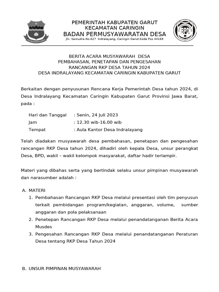 Berita Acara Penetapan Rkpdes 2024 | PDF