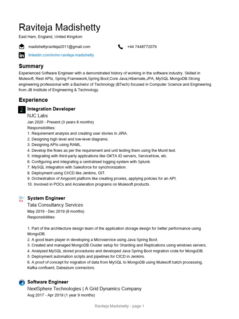 Resume Raviteja Madishetty PDF | PDF | Mongo Db | My Sql