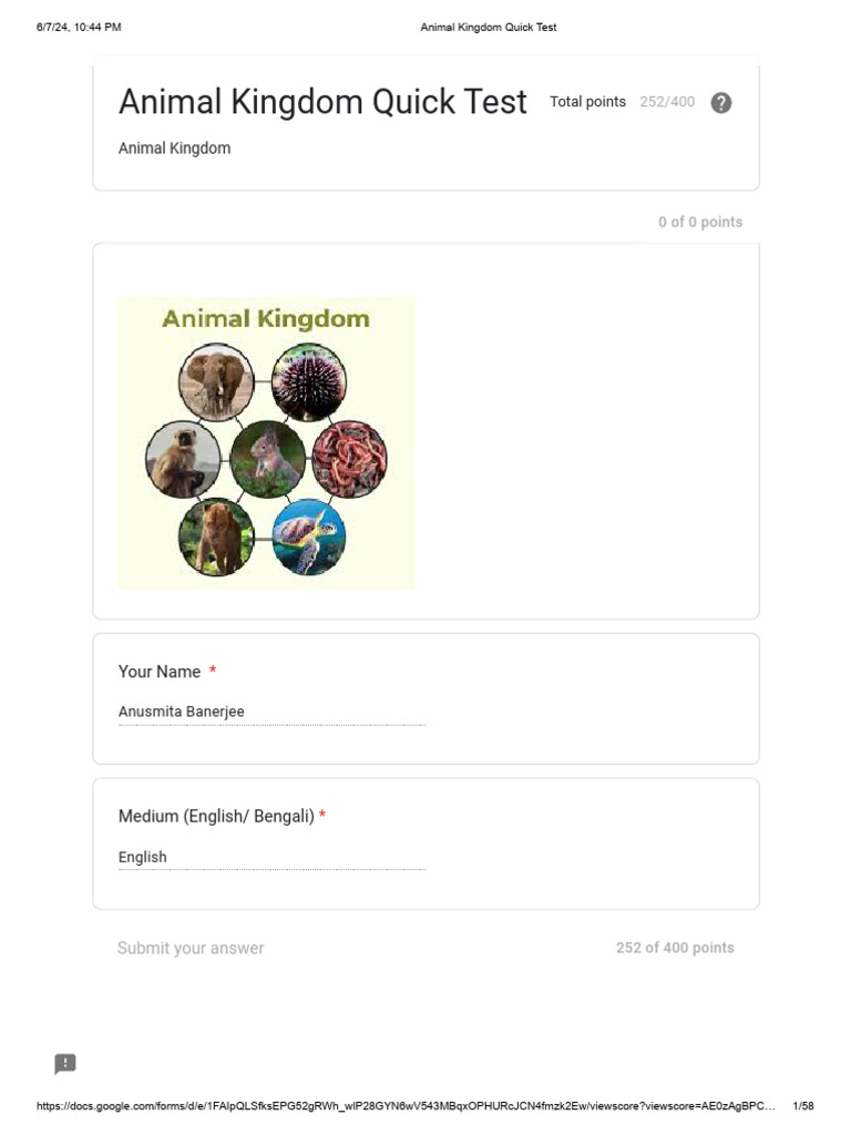 Animal Kingdom Quick Test | PDF