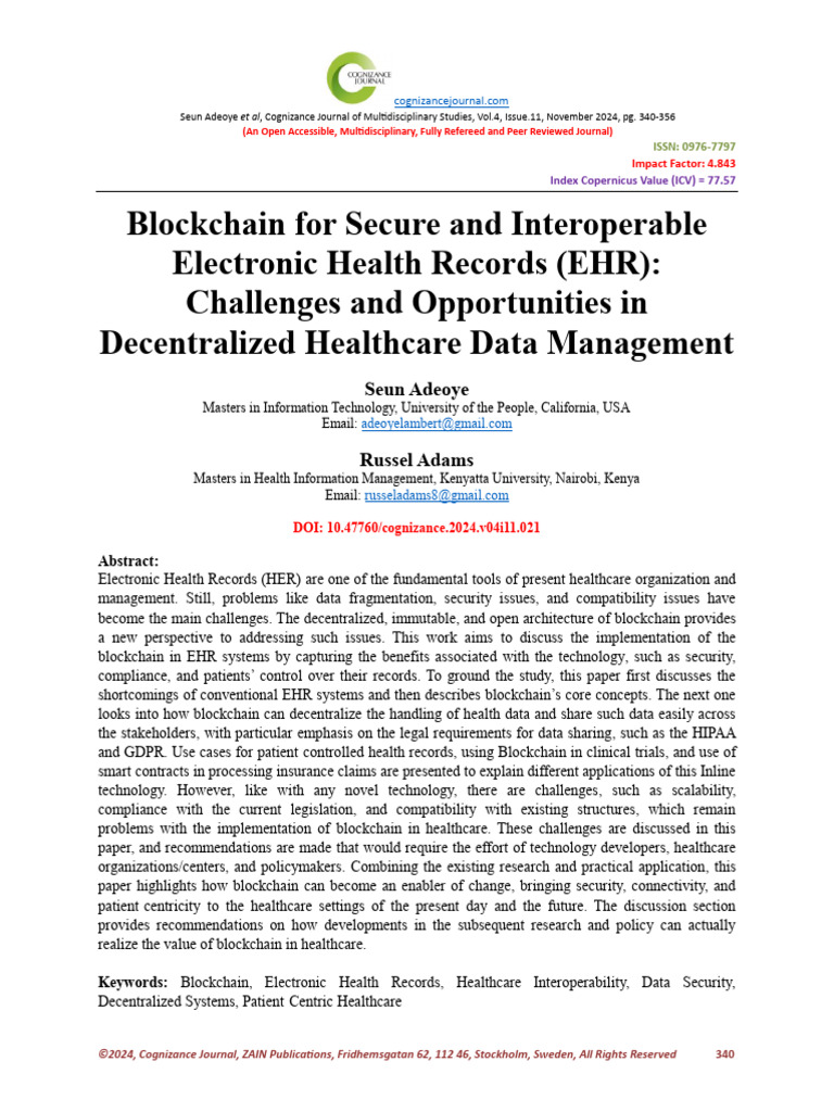 Blockchain For Secure And Interoperable Electronic Health Records Ehr Challenges And