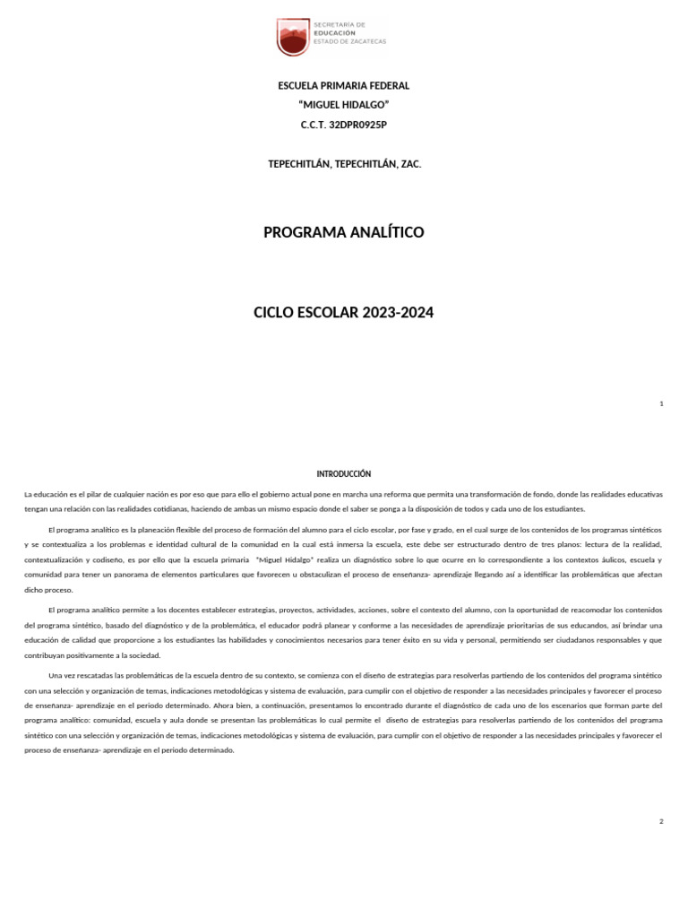 Programa Analítico Escuela Primaria Miguel Hidalgo 2023-2024 5to (1) | PDF