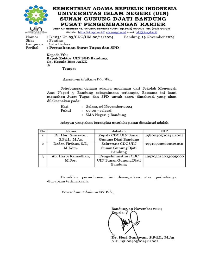 B-102.Un.05.CDC.hm.00.11.2024 Pernohonan Surat Tugas Dan SPD (2) (1) | PDF