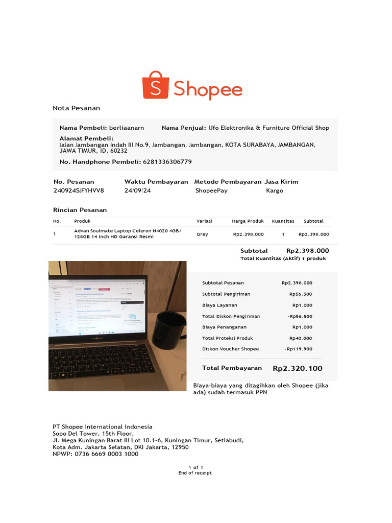 Invoice Advan Soulmate Laptop Celeron N4020 4GB - 128GB | PDF