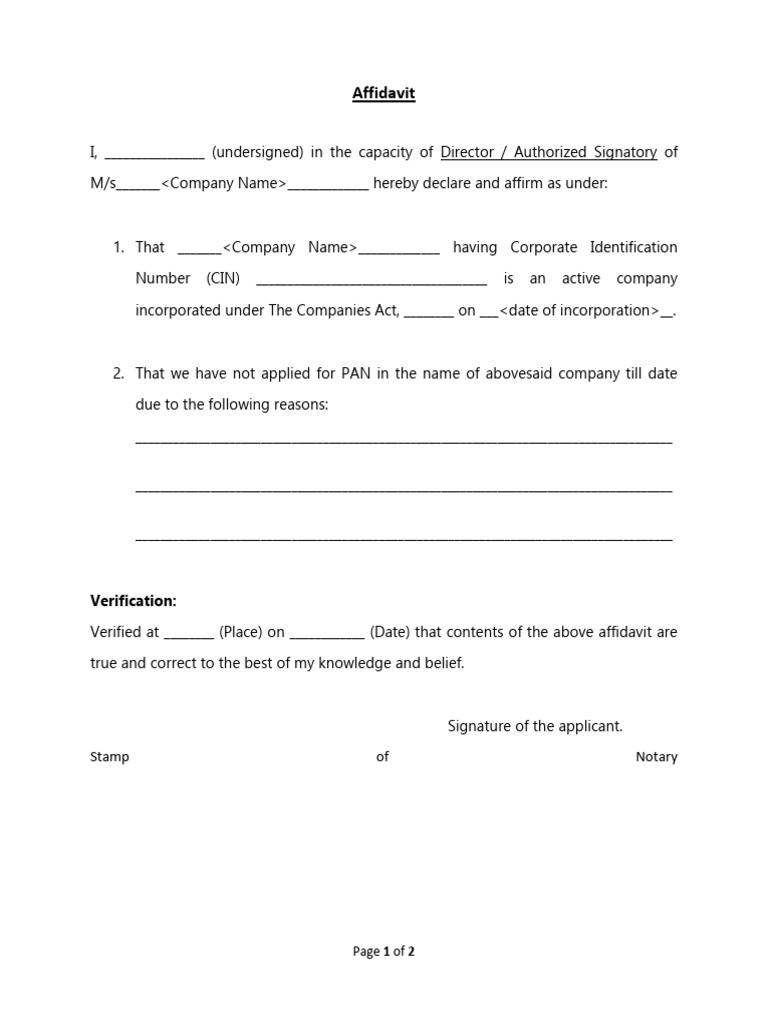Format of Affidavit For Corporate PAN Applicants | PDF