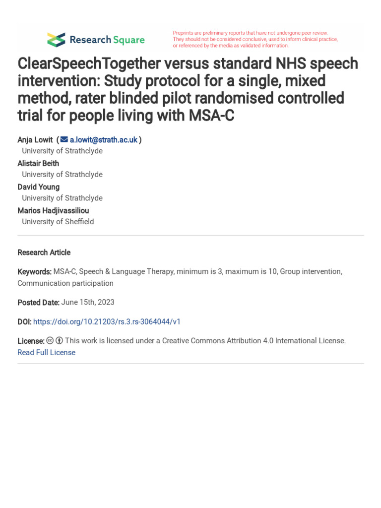 ClearSpeechTogether Pilot Study Protocol | PDF | Randomized Controlled ...