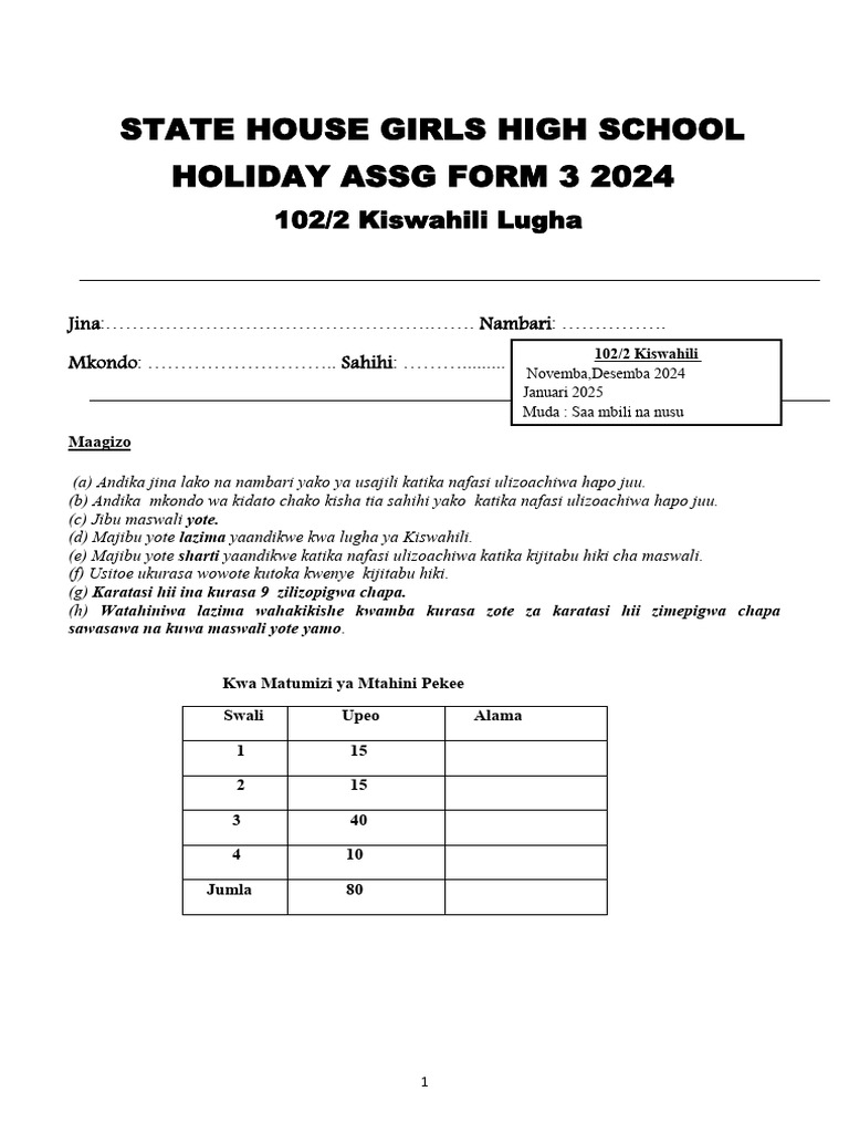 Kiswahili Endyear 2024 Holiday Assgn | PDF