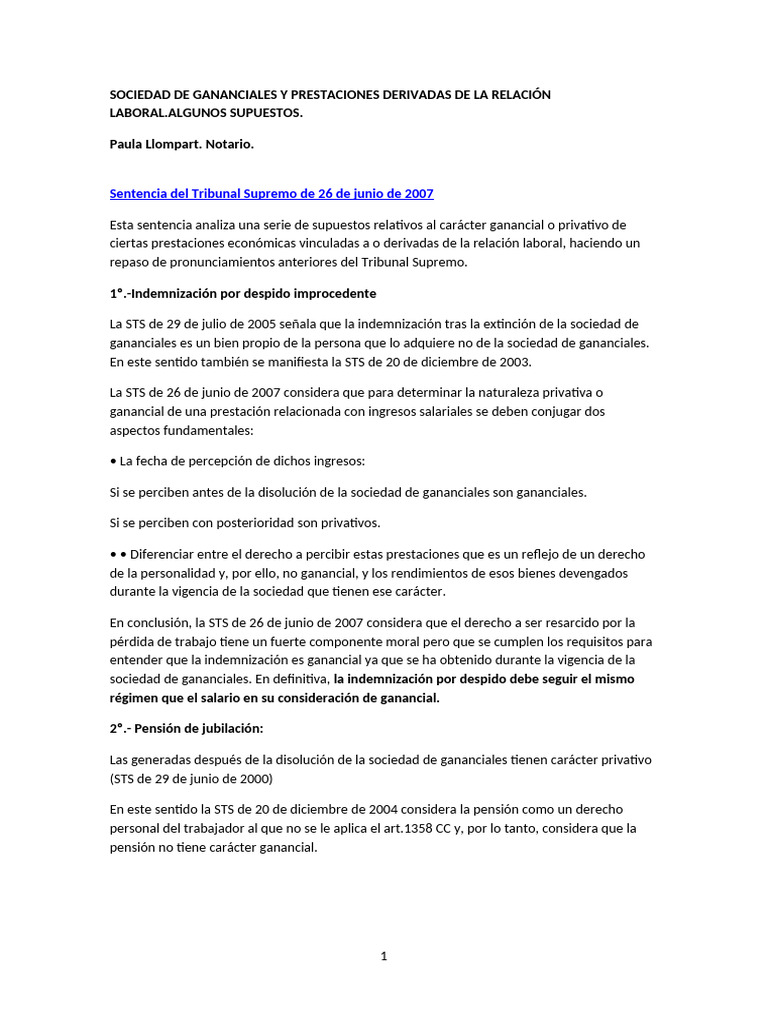 Sociedad De Gananciales Y Prestaciones Derivadas De La RelaciÓn Laboral