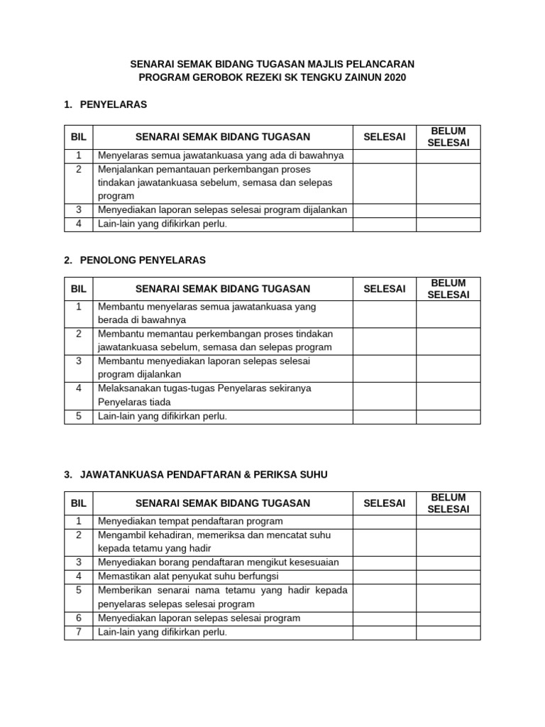 SENARAI SEMAK BIDANG TUGASAN PROGRAM GEROBOK REZEKI | PDF